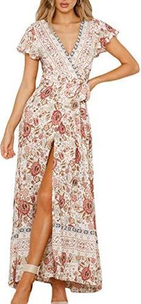 Minetom Robe Col V Fleur Manches Courtes Imprim&eacute; Floral Longue D&eacute;contract&eacute; Manche Courte Robes Ete Plage Maxi Robe avec Ceinture B Beige L