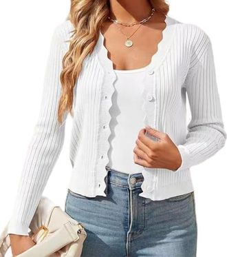 OLIPHEE Gilet Femme Cardigan Court avec Boutons et Bords Ondulés Cardigan Femme Chic et Elegant Pull Tricoté Couleur Unie Y2K Gilet Léger Dentelle Automne Hiv