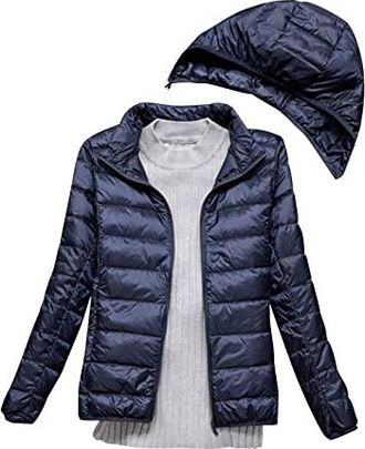 Generic Vestes dhiver 2026 pour femmes, manteau fin et l&eacute;ger en duvet d&eacute;contract&eacute;, veste matelass&eacute;e mince et d&eacute;contract&eacute;e avec chapeau amovible, bleu marine, 
