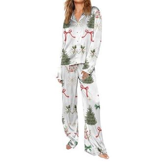 Generic Pyjama de Noël pour femme, ensemble de pyjama doux à manches longues et bas pleine longueur, vêtements de nuit décontractés à col en V boutonné, vêtem