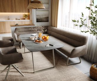 DELIFE Esszimmerbank Taya-Flex 285x190 cm Mikrofaser Taupe Vintage Kufengestell flach Effektfinish Titan Taschenfederkern Rechts, Eckb&auml;nke
