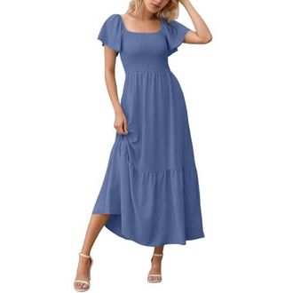 Generic Robe d&eacute;t&eacute; pour femme - Col carr&eacute; - Manches flottantes - Robe smock&eacute;e avec poches, bleu, XXL