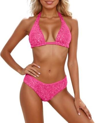 Generic Maillot De Bain Femme 2 Pieces Bikini Femme 2 Pieces Bikini Scintillant + Top Et Bas Triangle - Glamour Bord De Mer