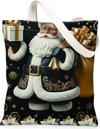 Generic Sacs fourre-tout en toile motif P&egrave;re No&euml;l vintage, r&eacute;utilisables, festifs, l&eacute;gers et lavables avec bandouli&egrave;re, noir, 13x15 Inch