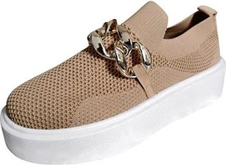 Generic Chaussures décontractées pour Femme Plateforme chaîne métal Maille Confortables Mode Quotidienne Semelle antidérapante (Khaki, 42)