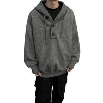 Generic Pull &eacute;pais en tricot de style r&eacute;tro am&eacute;ricain avec capuche, manches longues et boutons pour lhiver, Grain, XXL