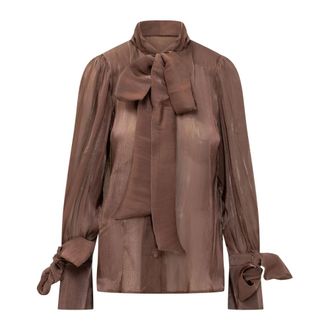 Actualee Langarmshirt mit &uuml;bergro&szlig;er Schleife am Halsausschnitt - - Blouses & Shirts - Damen - Braun - XS