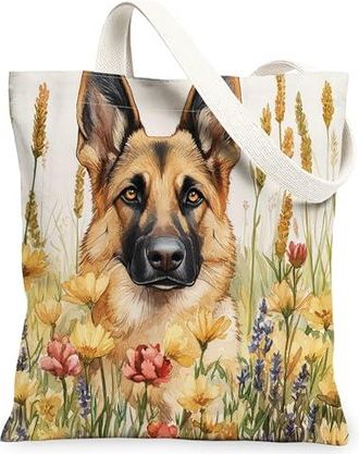 Generic Sac fourre-tout en toile motif chien berger allemand printanier 33 x 38,1 cm, sac d&eacute;picerie r&eacute;utilisable &agrave; motif aquarelle pour femme, animal de compa