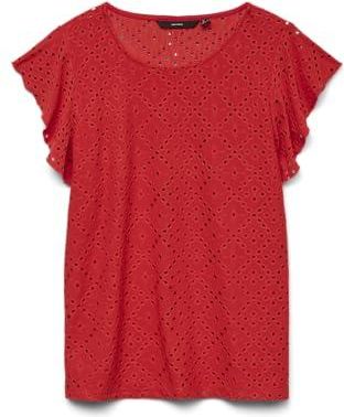 Vero Moda Chemise Blouse avec Motif Trou et Manches Courtes Volantées, Couleurs:Rouge, Taille:L