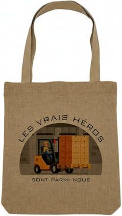 Fabulous Sac Shopping Tote Bag Aspect Lin - Les Vrais H&eacute;ros - Cariste M&eacute;tier Sac de Courses Toile Epaisse 360g Beige Naturel Cabas Port&eacute; Epaule Solide Imprim&eacute; 