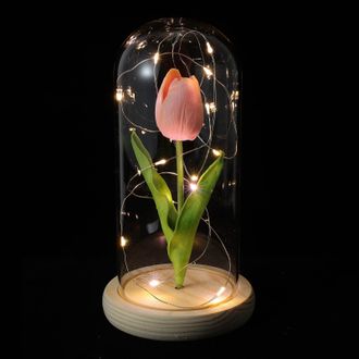 NUOBESTY Sewroro LED Tulpen Dekoration mit Glasglocke Leuchtendes LED Licht f&uuml;r Schreibtisch und Wohnraum Langlebiges Tulpenornament mit Holzsockel Batteriebet
