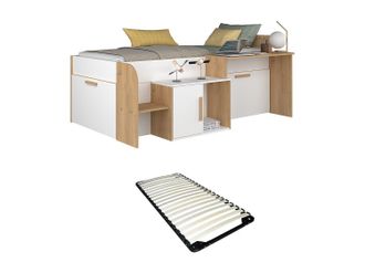 Vente-Unique Kombibett 90 x 200 cm mit Schreibtisch und Stauraum - Wei&szlig; und Naturfarben + Lattenrost - Pedro
