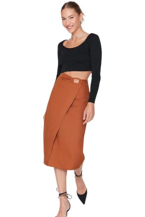 Trendyol Damen Midi Bleistiftrock Webstoff Rock Skirt, Brown, 34