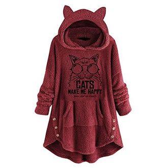 Generic 2026 Haut long en polaire pour femme avec oreilles imprimées chat avec boutons et poches à capuche, Rouge, XL