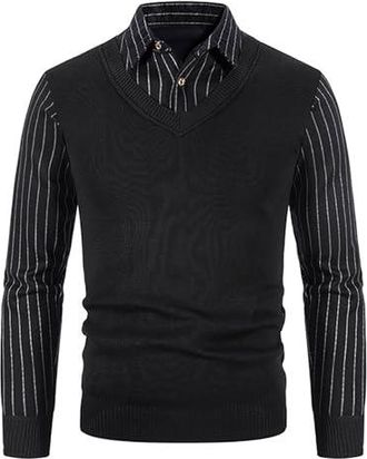 Generic Pull 2 en 1 pour homme, pull doux et chaud en tricot à manches longues et col en V, pull dhiver confortable avec fausses chemises pour une tenue décon