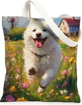 Generic Sac fourre-tout en toile motif chien samoy&egrave;de de printemps 33 x 38,1 cm, sac d&eacute;picerie r&eacute;utilisable pour femme, motif floral, plage, esth&eacute;tique, peint