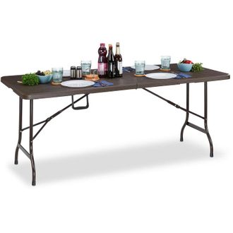 Relaxdays Relaxdays - Table jardin, effet bois, carr&eacute;e pliable, barre de s&eacute;curit&eacute;, poign&eacute;e, HxlxP73x180x74cm, marron