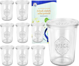 MamboCat 9er Set Original WECK 3/4-Liter Sturzglas, 850 ml, Rundrandglas RR100 + Glasdeckel + GRATIS Rezeptheft, Einmachglas, Einweckglas, Einlegen + Einkochen