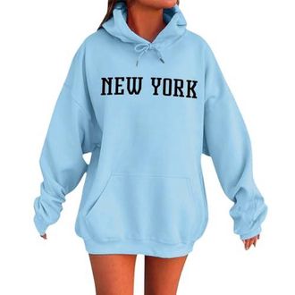 Generic Sweat &agrave; capuche graphique printemps 2026 pour femmes avec cordon de serrage et pull &agrave; manches longues avec poche, bleu clair, XL