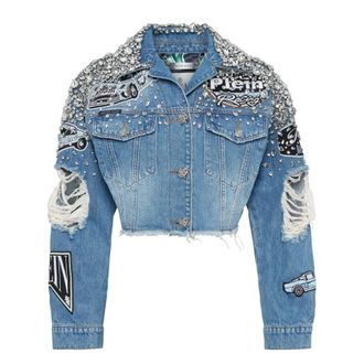 Philipp Plein Femme, Vestes, Bleu, Taille: 40 FR Denim Jacket Racing