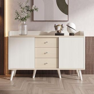 Merax Commode en bois moderne avec portes coulissantes, armoire à 3 tiroirs, pour salon, salle à manger et chambre à coucher, 117,5 x 39,5 x 80 cm, blanc et
