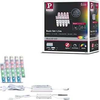 Paulmann 78883 LED Stripe MaxLED 500 Basisset Smart Home Zigbee IP44 1,5m incl. 1x14 W dimmbar RGBW Silber Kunststoff Lichtstreifen 3000 K
