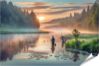 Islandburner Prime XXL Bild Poster Angler Am See Bei Sonnenaufgang Mit Nebel Und Wald Premium Bilder Fotodruck