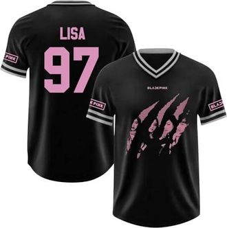 Generic Maillot de Baseball imprimé Noir et Rose Kpop Lisa Jennie Jisoo Rose, t-Shirt de Baseball Hip-hop à col en V pour Les Fans de Musique 01-4 M