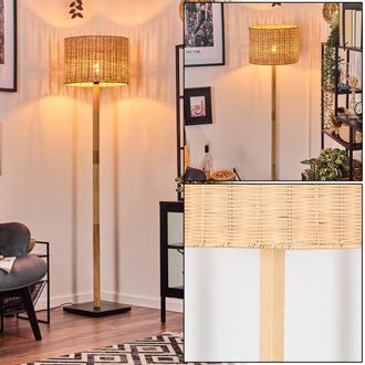 HOFSTEIN Stehleuchte Cavaca, Stehlampe aus Holz/Metall/Rattan in Naturfarben/Schwarz, Leuchte im Boho-Style/skandinavisch-Design (Ø 40 cm), Höhe 169,5 cm, Fußs