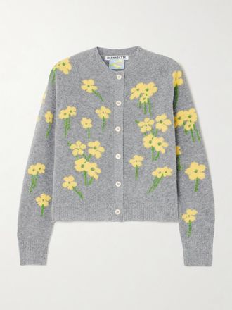 Bernadette Cardigan En Bouclé De Laine Mélangée Jacquard À Motif Fleuri - Gris
