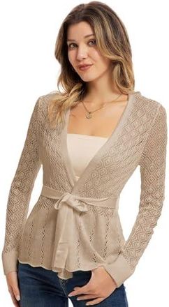 Grace Karin Cardigan &agrave; manches longues pour femme, d&eacute;contract&eacute;, col en V, ouvert sur le devant, &eacute;l&eacute;gant pull en tricot creux avec ceinture, kaki, XL