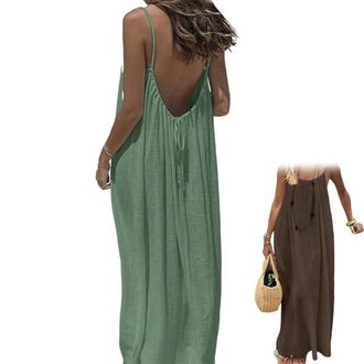 Generic Robe caraco dos nu de couleur unie pour femme, robe longue d&eacute;contract&eacute;e pour la plage, les vacances, Vert, M