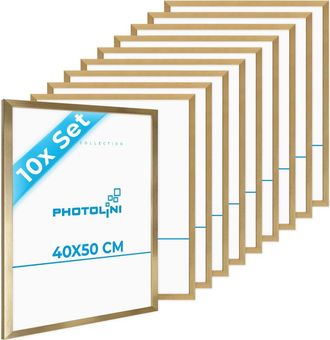 Photolini Bilderrahmen 40x50 gold Holz MDF, 10er Set Bilderrahmen 50x40 gold mit bruchsicherem Acrylglas, Rahmen 40x50 zum Aufh&auml;ngen, 50 x 40 frame mit Zubeh&ouml;r 