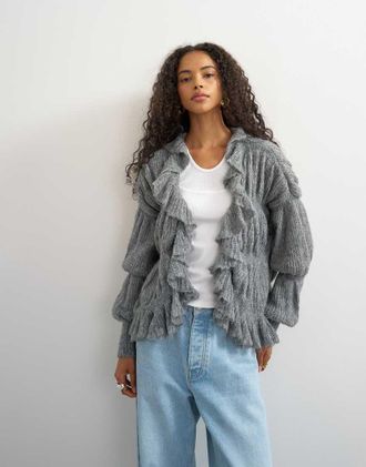 Topshop Strick-Cardigan mit Volantbesatz am Saum und Wolle in Grau-Gr&uuml;n