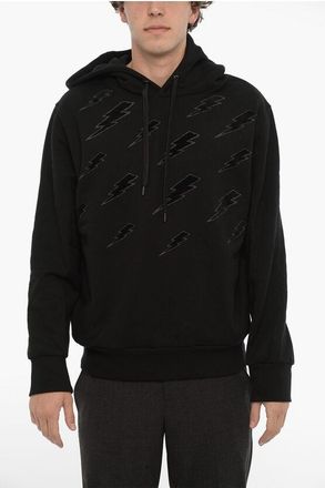 Neil Barrett Easy Fit Hoodie mit Samt-Thunderbolt in Schwarz