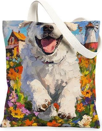 Generic Sac fourre-tout en toile motif chien des Pyr&eacute;n&eacute;es printani&egrave;res 33 x 38,1 cm, sac d&eacute;picerie r&eacute;utilisable pour femme, motif floral amusant pour animaux 
