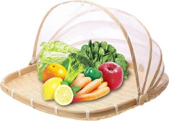 Generic Obstkorb mit Fliegenschutz Insektenschutz Abdeckung, gewebter Bambus-Obstschale mit staubdestfestem Maschenfutter aus Deckel, Brotkörbe für Gemüse Obs