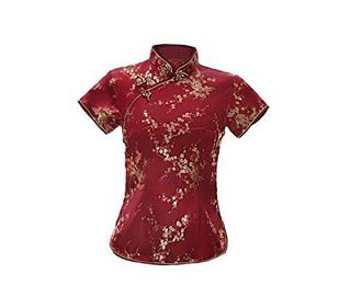 ACVIP Chemisier chinois à manches courtes pour femme avec col montant et brocart Qipao, bordeaux, 42-44