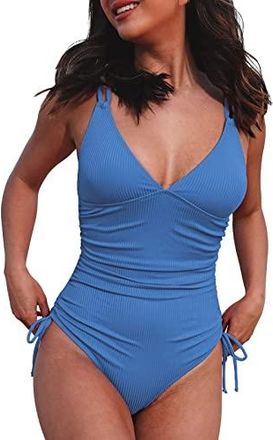 Generic Bikini Femme Une Pieces Gainant Et Amincissant à col en V à Coupe Haute côtelé (A, S)