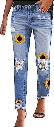 Generic Jean stretch pour femme avec jambe droite et jean d&eacute;lav&eacute; dans un ourlet d&eacute;lav&eacute; Pantalon en jean pour femme 40, jaune, XXL