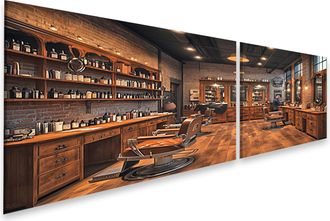 Islandburner Bild auf Leinwand Barbershop Innenansicht mit Retro Einrichtung und Holzoptik Bilder Wandbilder Poster