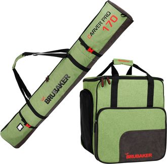 Brubaker Kombi Set Carver Performance - Skisack und Skischuhtasche für 1 Paar Ski + Stöcke + Schuhe + Helm - Grün meliert Schwarz -170 cm
