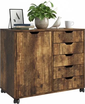 Relaxdays Rollcontainer, 5 Schubladen & 2 F&auml;cher, HBT: 65x78x40 cm, B&uuml;roschrank, Aktenschrank mit Rollen, B&uuml;ro, braun