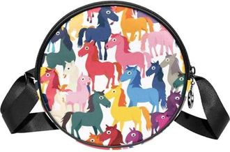 Generic Sac &agrave; bandouli&egrave;re rond rond pour femme, motif poney color&eacute;, avec fermeture &eacute;clair, bretelles r&eacute;glables, style d&eacute;contract&eacute;