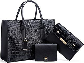 Generic Lot de 3 sacs &agrave; main pour femme avec poign&eacute;e sur le dessus, sac &agrave; bandouli&egrave;re tendance crocodile, grand sac fourre-tout pour femme, Noir, Large