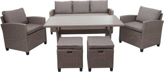 Hhg Poly-Rattan Garnitur HHG 078, Garten-/Lounge-Set Sofa Sitzgruppe, Tischplatte wpc Spun Poly halbrundes Rattan grau