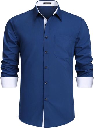 Hisdern Hemd Langarm Herren Marine Blau Formale Hemd Herren Business Regular Fit Button Down Arbeit Hochzeit Freizeithemden mit Taschen,Marine Blau,3XL