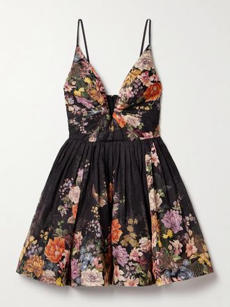 Zimmermann Pavilion Minikleid Aus Einer Leinen-seidenmischung Mit Falten Und Blumenprint - Schwarz