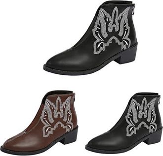 Generic Bottines de cowboy pour femme - Bottes de cowboy occidentales tendance brod&eacute;es - Bout pointu - Grosses talons bas - Confortables - Avec fermeture &eacute;cla