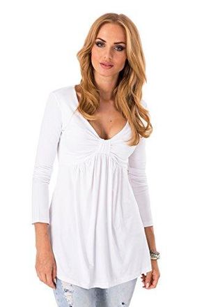 FUTURO FASHION Tunique pour Femme - Viscose - col en V/Manches Longues - Coupe Empire/d&eacute;contract&eacute;e - FU8549 - Blanc - 40 (L)